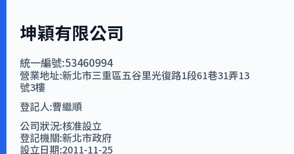 坤穎有限公司的照片-統編 53460994(新北市) 公司登記資料與營業項目詳細圖表