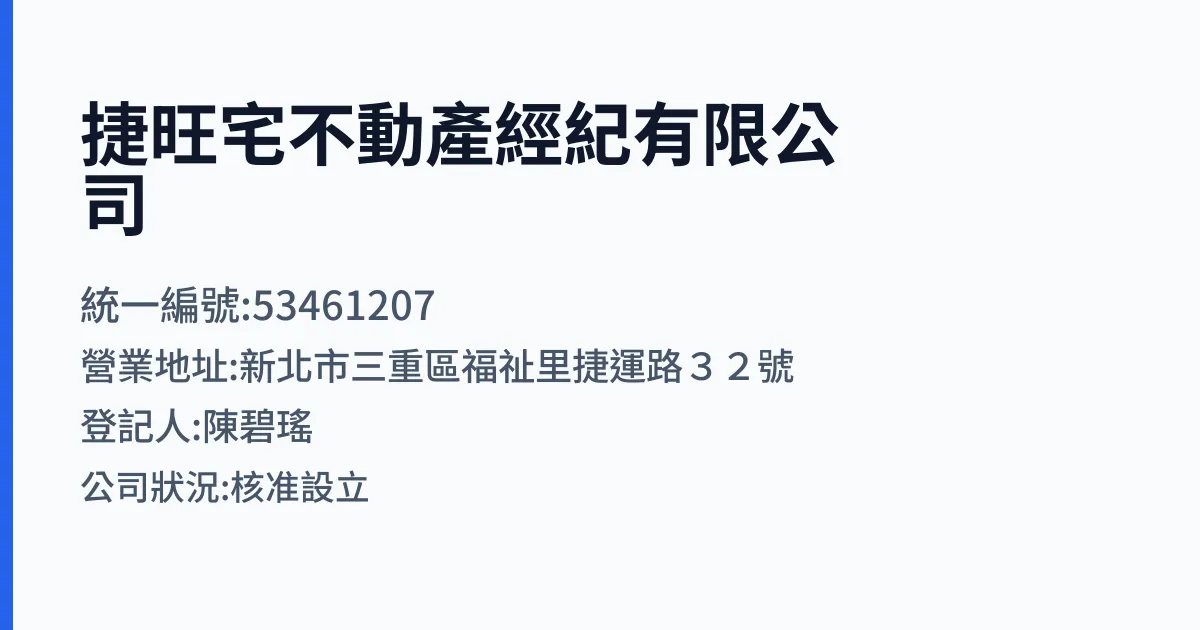 捷旺宅不動產經紀有限公司 - 統編 53461207(新北市) 公司登記資料與營業項目詳細圖表