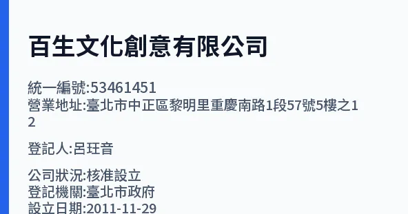 百生文化創意有限公司的照片-統編 53461451(臺北市) 公司登記資料與營業項目詳細圖表
