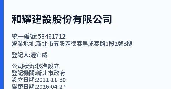 和耀建設股份有限公司的照片-統編 53461712(新北市) 公司登記資料與營業項目詳細圖表