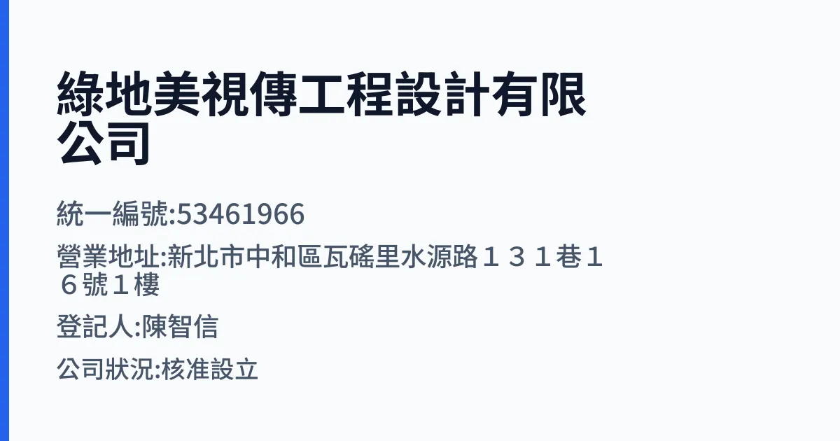 綠地美視傳工程設計有限公司 - 統編 53461966(新北市) 公司登記資料與營業項目詳細圖表