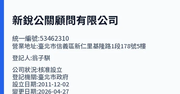 新銳公關顧問有限公司的照片-統編 53462310(臺北市) 公司登記資料與營業項目詳細圖表