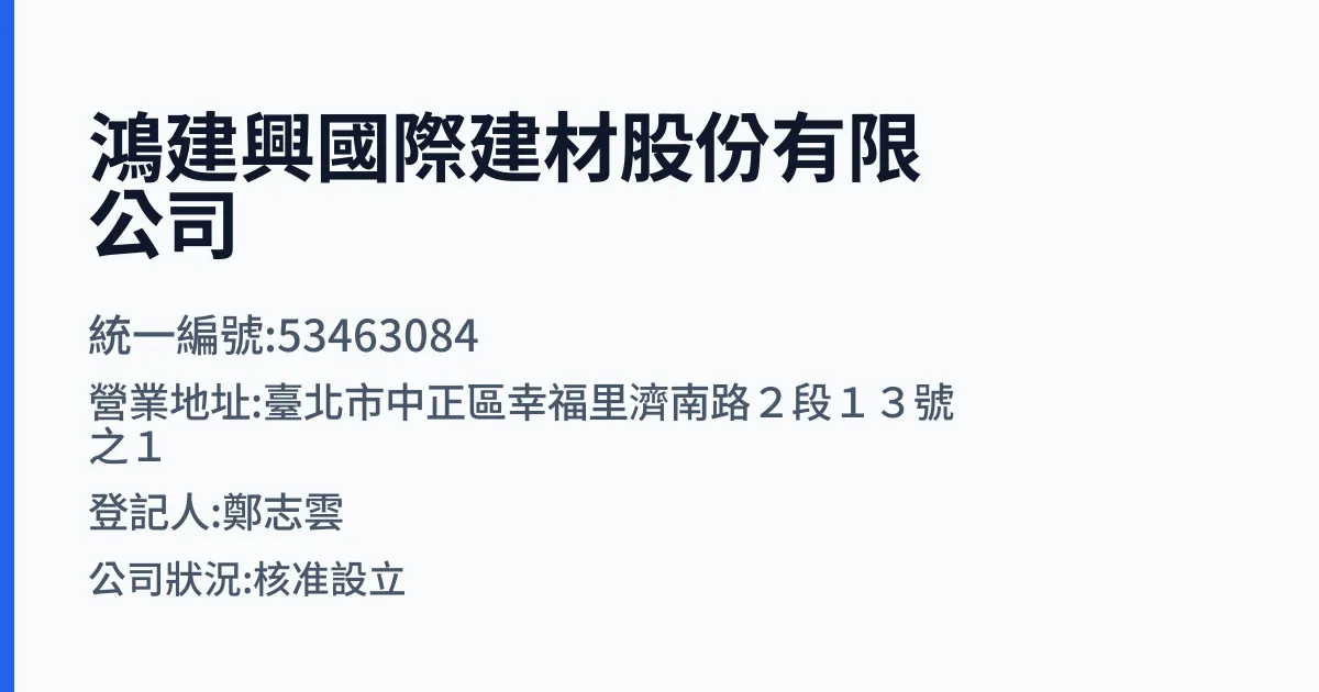鴻建興國際建材股份有限公司 - 統編 53463084(臺北市) 公司登記資料與營業項目詳細圖表