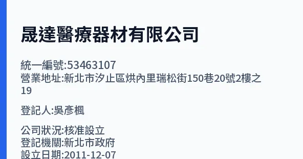 晟達醫療器材有限公司的照片-統編 53463107(新北市) 公司登記資料與營業項目詳細圖表