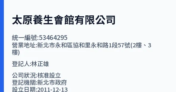 太原養生會館有限公司的照片-統編 53464295(新北市) 公司登記資料與營業項目詳細圖表
