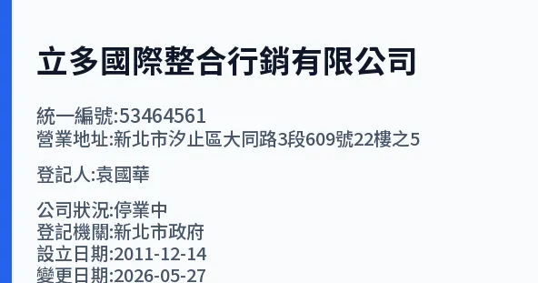 立多國際整合行銷有限公司的照片-統編 53464561(新北市) 公司登記資料與營業項目詳細圖表