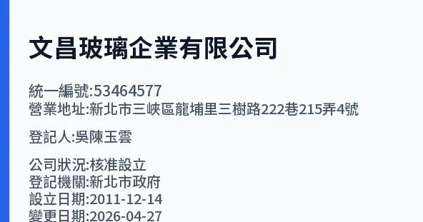 文昌玻璃企業有限公司的照片-統編 53464577(新北市) 公司登記資料與營業項目詳細圖表