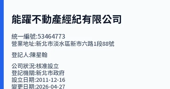能躍不動產經紀有限公司的照片-統編 53464773(新北市) 公司登記資料與營業項目詳細圖表