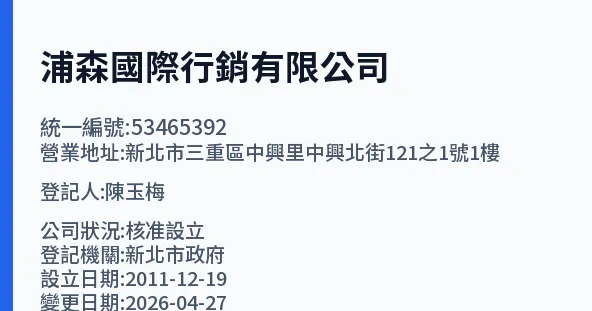 浦森國際行銷有限公司的照片-統編 53465392(新北市) 公司登記資料與營業項目詳細圖表