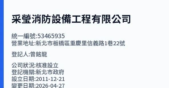 采瑩消防設備工程有限公司的照片-統編 53465935(新北市) 公司登記資料與營業項目詳細圖表