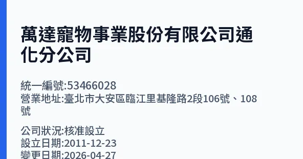 萬達寵物事業股份有限公司通化分公司的照片-統編 53466028(臺北市) 公司登記資料與營業項目詳細圖表