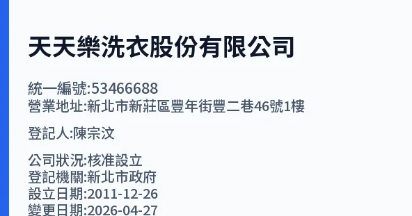 天天樂洗衣股份有限公司的照片-統編 53466688(新北市) 公司登記資料與營業項目詳細圖表