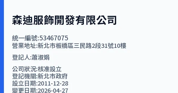 森迪服飾開發有限公司的照片-統編 53467075(新北市) 公司登記資料與營業項目詳細圖表