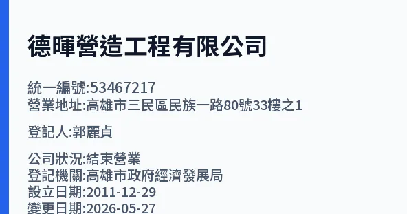德暉營造工程有限公司的照片-統編 53467217(高雄市) 公司登記資料與營業項目詳細圖表