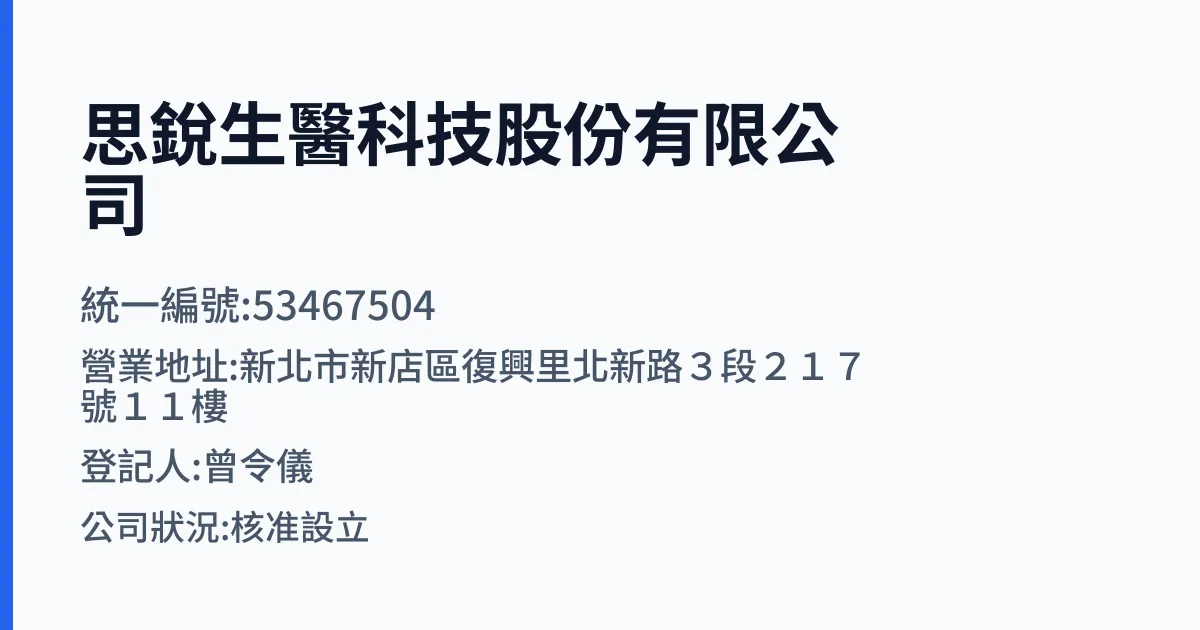 思銳生醫科技股份有限公司 - 統編 53467504（新北市） 公司登記資料與營業項目詳細圖表