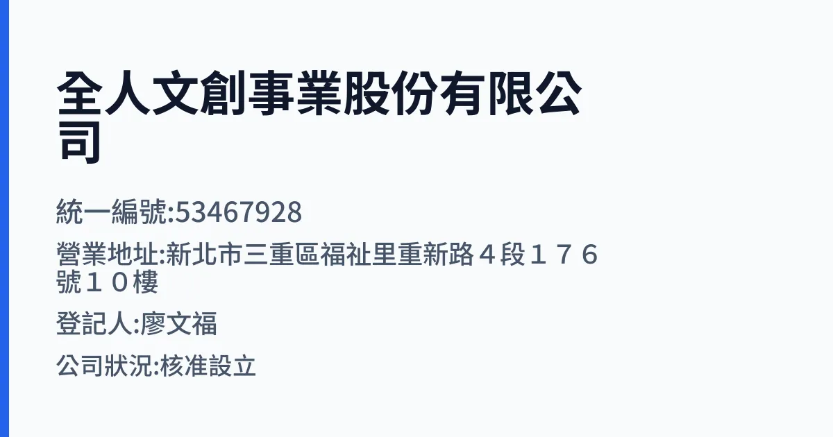 全人文創事業股份有限公司 - 統編 53467928(新北市) 公司登記資料與營業項目詳細圖表