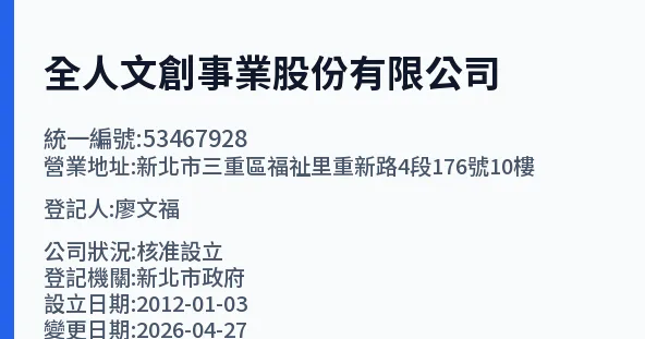全人文創事業股份有限公司的照片-統編 53467928(新北市) 公司登記資料與營業項目詳細圖表