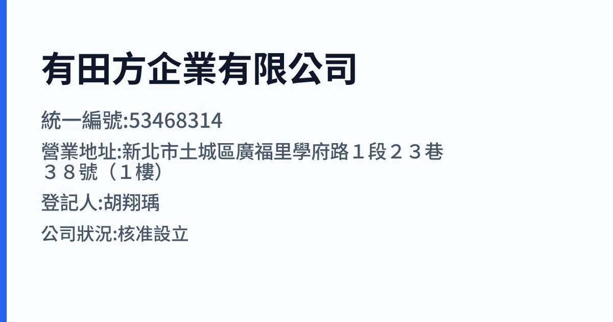 有田方企業有限公司 - 統編 53468314（新北市） 公司登記資料與營業項目詳細圖表