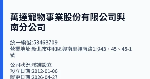 萬達寵物事業股份有限公司興南分公司的照片-統編 53468709(新北市) 公司登記資料與營業項目詳細圖表