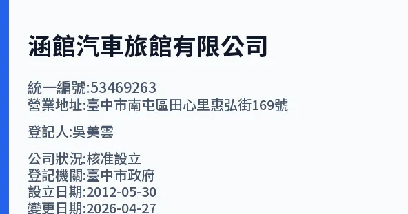 涵館汽車旅館有限公司的照片-統編 53469263(臺中市) 公司登記資料與營業項目詳細圖表