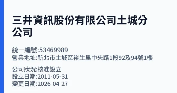 三井資訊股份有限公司土城分公司的照片-統編 53469989(新北市) 公司登記資料與營業項目詳細圖表