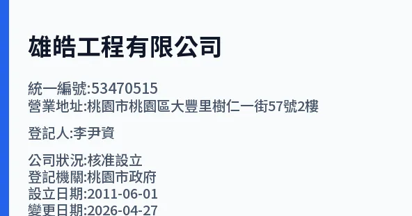 雄皓工程有限公司的照片-統編 53470515(桃園市) 公司登記資料與營業項目詳細圖表