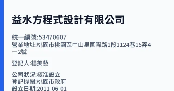 益水方程式設計有限公司的照片-統編 53470607(桃園市) 公司登記資料與營業項目詳細圖表