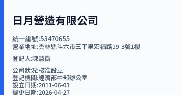 日月營造有限公司的照片-統編 53470655(雲林縣) 公司登記資料與營業項目詳細圖表