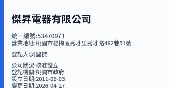 傑昇電器有限公司的照片-統編 53470971(桃園市) 公司登記資料與營業項目詳細圖表