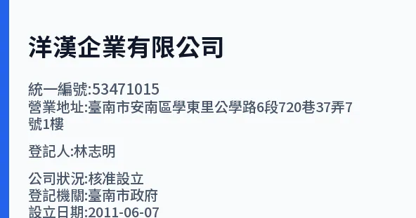洋漢企業有限公司的照片-統編 53471015(臺南市) 公司登記資料與營業項目詳細圖表