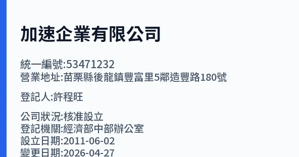 加速企業有限公司的照片-統編 53471232(苗栗縣) 公司登記資料與營業項目詳細圖表