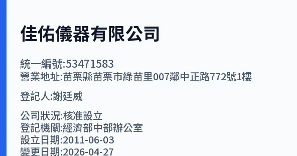 佳佑儀器有限公司的照片-統編 53471583(苗栗縣) 公司登記資料與營業項目詳細圖表