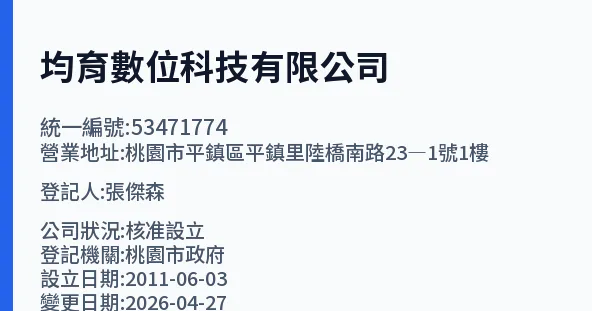 均育數位科技有限公司的照片-統編 53471774(桃園市) 公司登記資料與營業項目詳細圖表