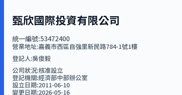甄欣國際投資有限公司的照片-統編 53472400(嘉義市) 公司登記資料與營業項目詳細圖表