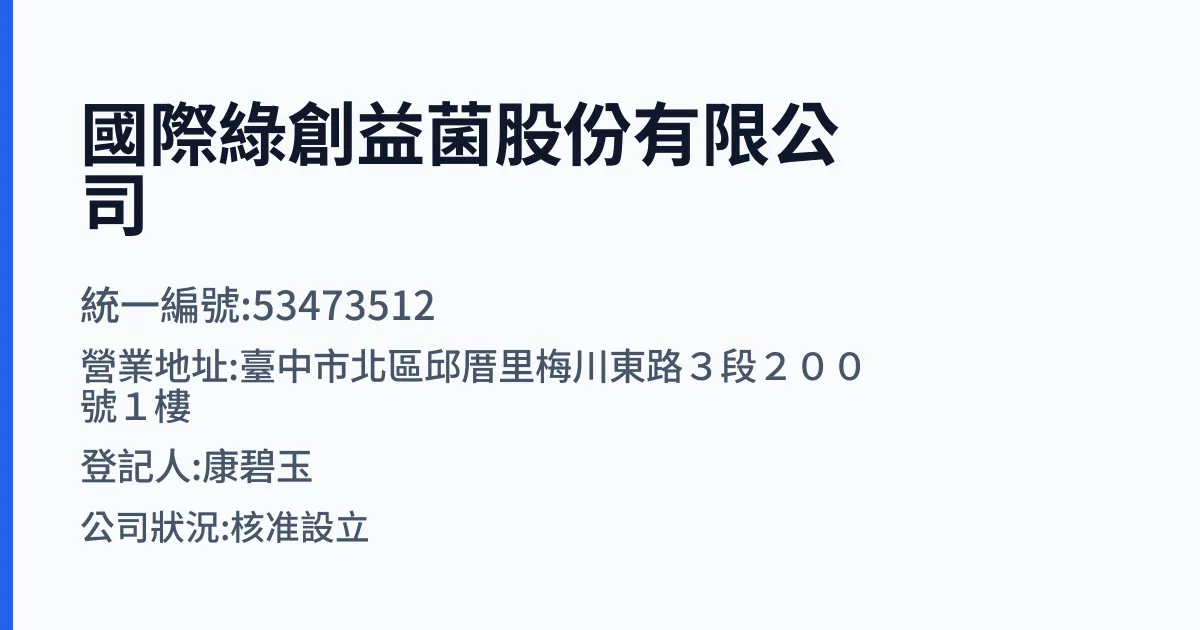 國際綠創益菌股份有限公司 - 統編 53473512(臺中市) 公司登記資料與營業項目詳細圖表