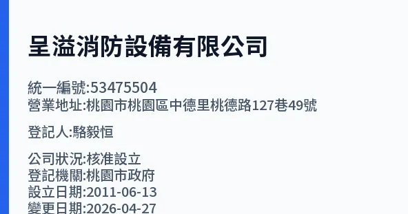 呈溢消防設備有限公司的照片-統編 53475504(桃園市) 公司登記資料與營業項目詳細圖表