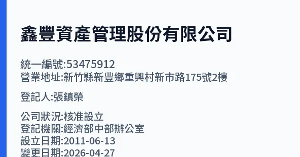 鑫豐資產管理股份有限公司的照片-統編 53475912(新竹縣) 公司登記資料與營業項目詳細圖表