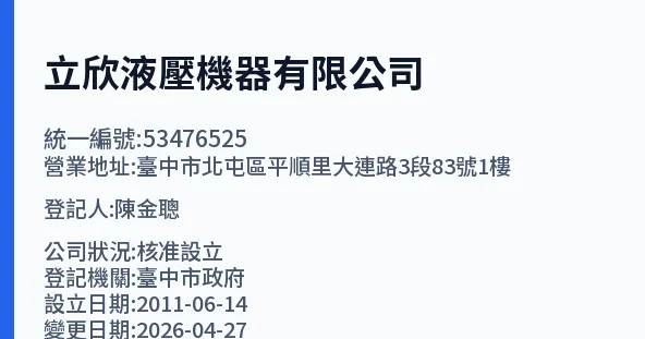 立欣液壓機器有限公司的照片-統編 53476525(臺中市) 公司登記資料與營業項目詳細圖表