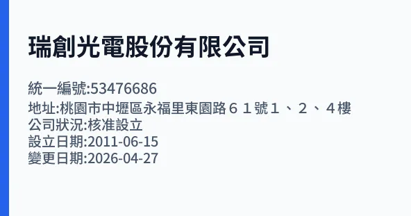 瑞創光電股份有限公司的照片-統編 53476686(桃園市) 公司登記資料與營業項目詳細圖表
