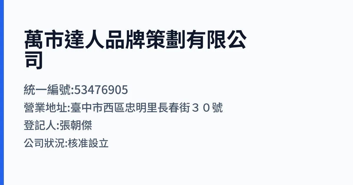 萬市達人品牌策劃有限公司 - 統編 53476905(臺中市) 公司登記資料與營業項目詳細圖表