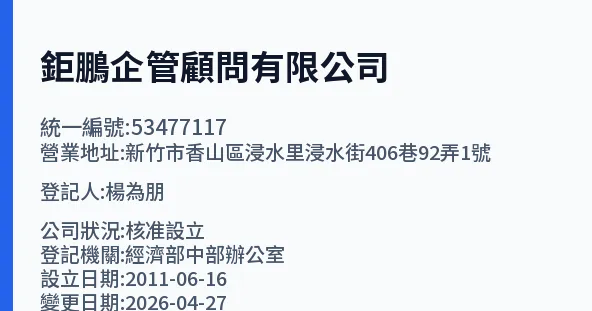 鉅鵬企管顧問有限公司的照片-統編 53477117(新竹市) 公司登記資料與營業項目詳細圖表