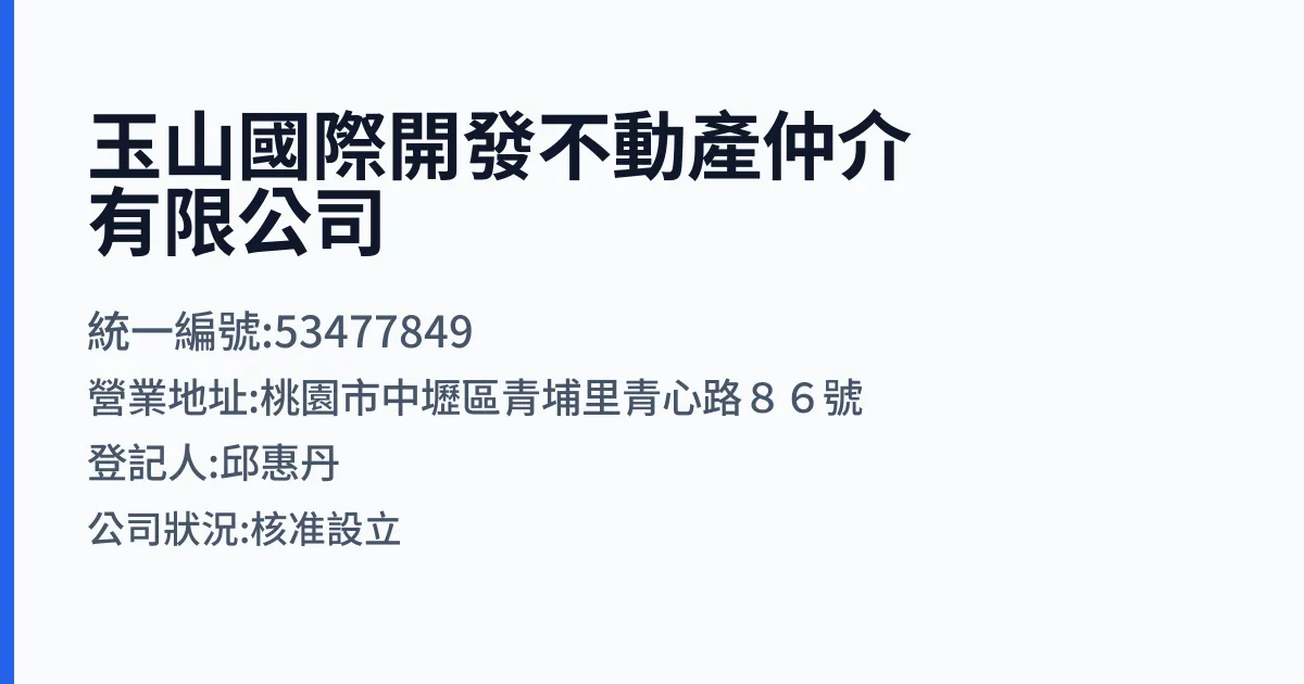 玉山國際開發不動產仲介有限公司 - 統編 53477849(桃園市) 公司登記資料與營業項目詳細圖表