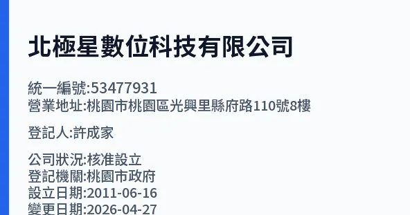 北極星數位科技有限公司的照片-統編 53477931(桃園市) 公司登記資料與營業項目詳細圖表