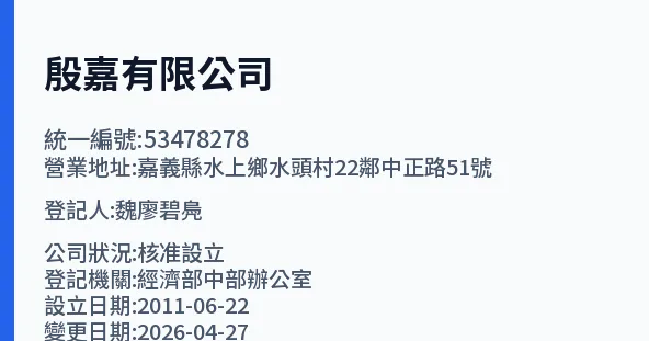 殷嘉有限公司的照片-統編 53478278(嘉義縣) 公司登記資料與營業項目詳細圖表