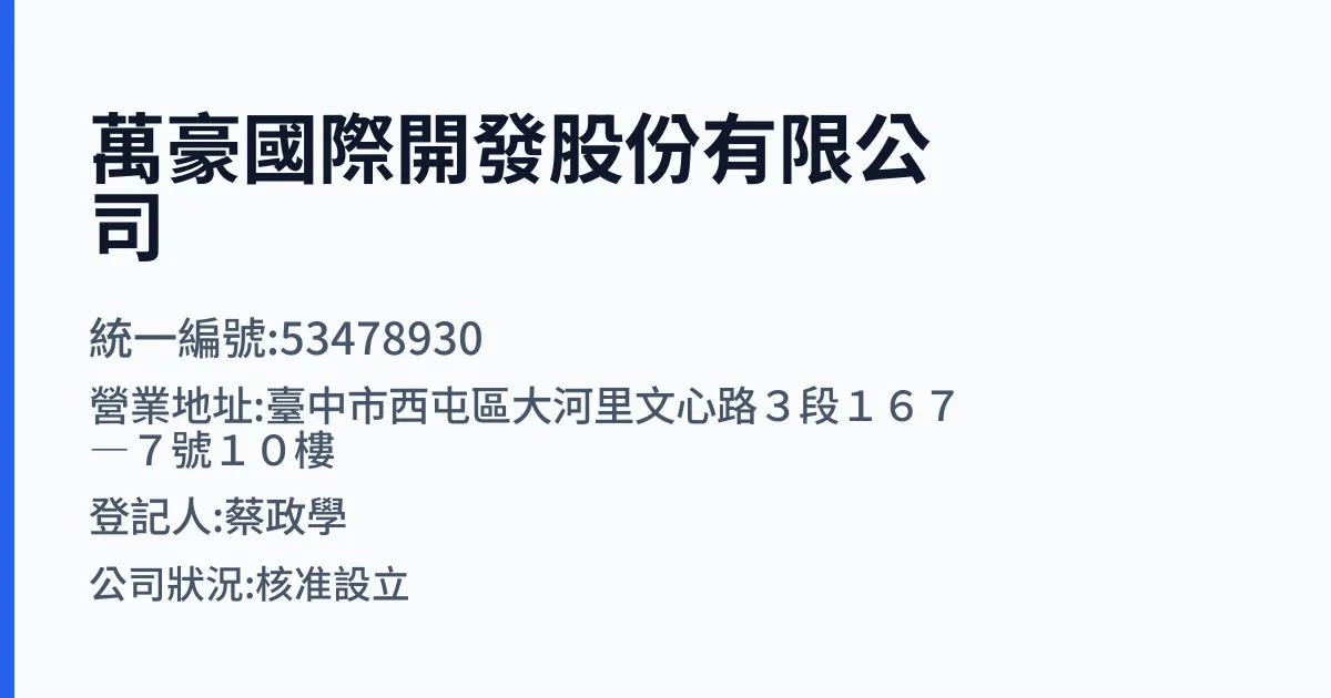 萬豪國際開發股份有限公司 - 統編 53478930(臺中市) 公司登記資料與營業項目詳細圖表