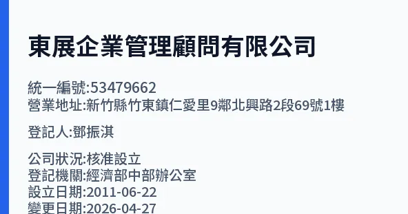 東展企業管理顧問有限公司的照片-統編 53479662(新竹縣) 公司登記資料與營業項目詳細圖表