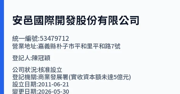 安邑國際開發股份有限公司的照片-統編 53479712(嘉義縣) 公司登記資料與營業項目詳細圖表