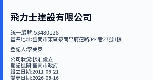 飛力士建設有限公司的照片-統編 53480128(臺南市) 公司登記資料與營業項目詳細圖表