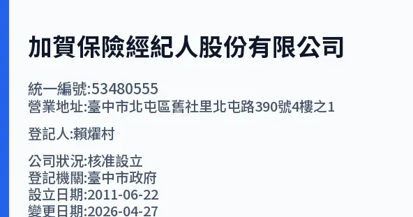 加賀保險經紀人股份有限公司的照片-統編 53480555(臺中市) 公司登記資料與營業項目詳細圖表