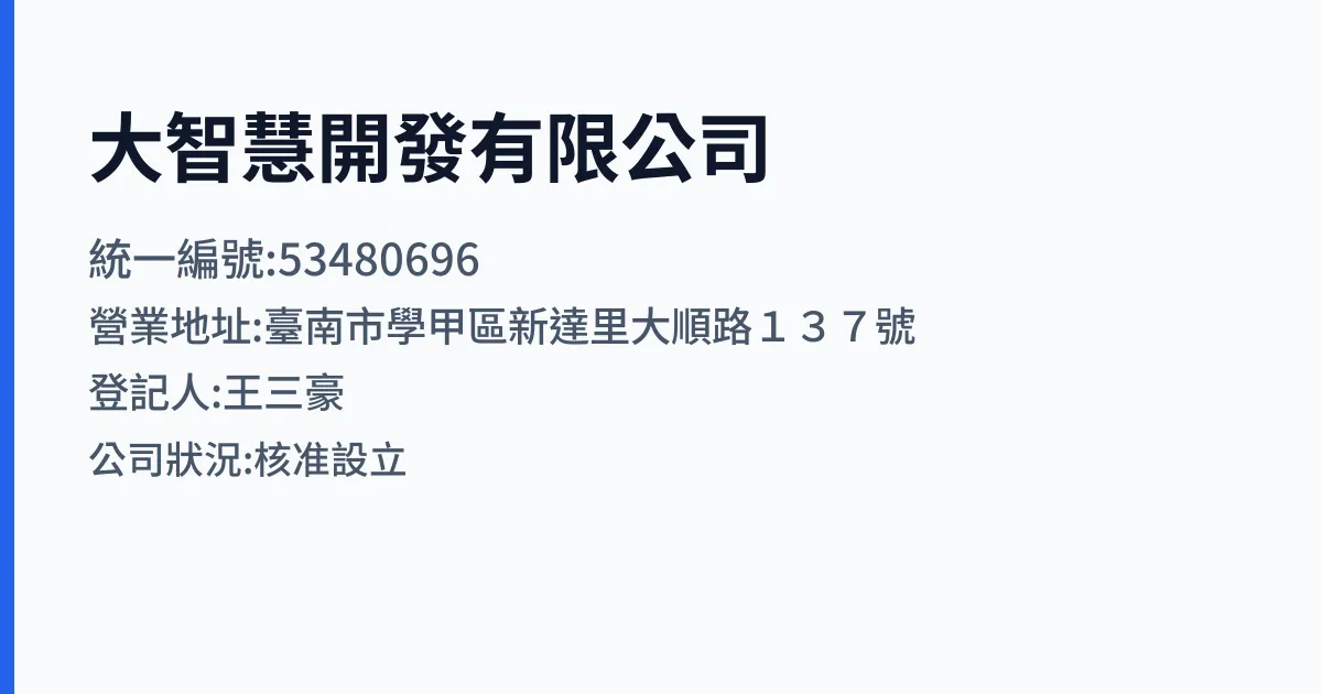 大智慧開發有限公司 - 統編 53480696（臺南市） 公司登記資料與營業項目詳細圖表